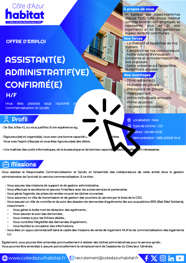 Offre d'emploi : Assistant(e) Administratif(ve) Confirmé(e) H/F | Côte d'azur Habitat